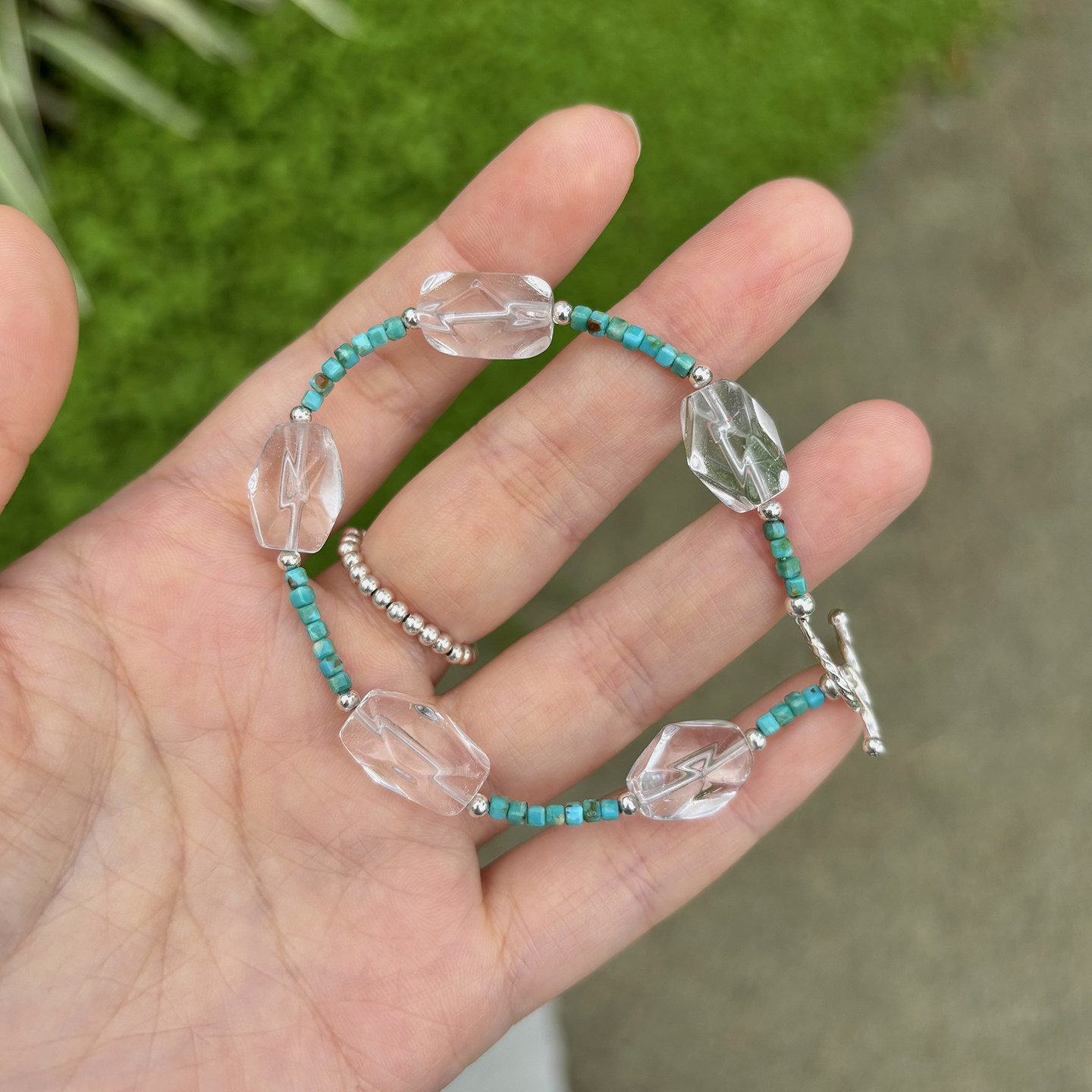 小众设计轻奢高级感S925纯银天然白水晶绿松石撞色串珠手链女手串
