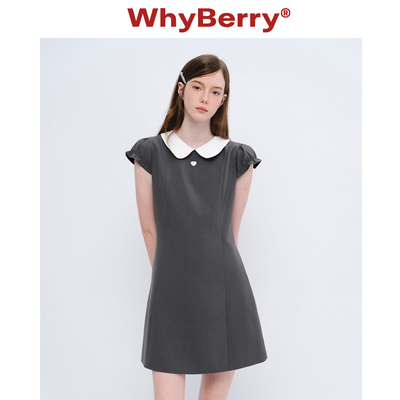 WhyBerry 26SS“纯白茉莉”娃娃领修身小灰裙复古撞色气质连衣裙