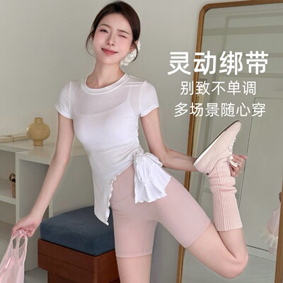 YSH/飘带木耳短tee 不规则开叉短袖瑜伽服修身显瘦普拉提休闲上衣