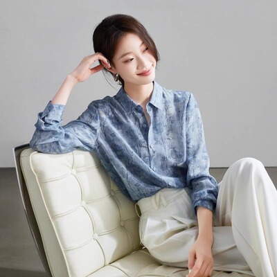 奥特莱斯专柜正品清仓桑蚕丝印花衬衫女高级气质垂感宽松真丝衬衣