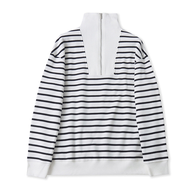 外贸条纹加绒半开拉链卫衣女