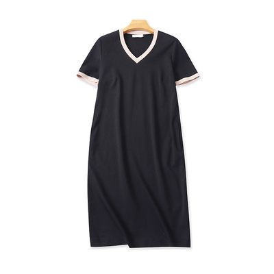 外贸V领拼色短袖连衣裙时尚显瘦