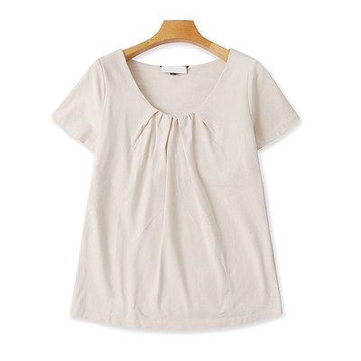 夏季棉圆领褶皱宽松短袖T恤女