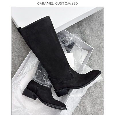 焦糖CARAMEL-英伦风秋冬圆头长靴直筒翻皮设计感女靴平底鞋-4cm