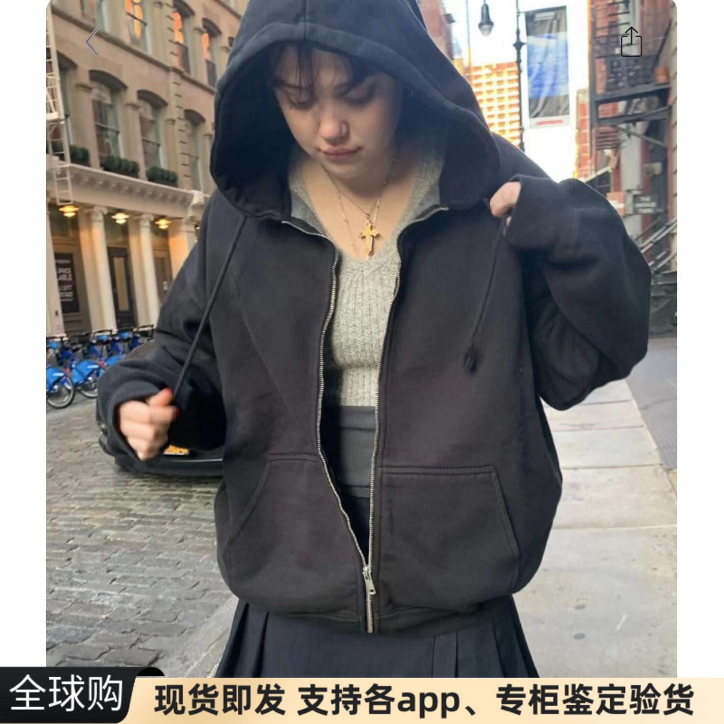 正品brandy melville bm网红纯色宽松加绒拉链连帽衫外套卫衣开衫_虎窝淘