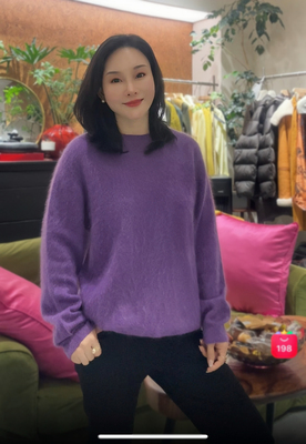 安西娅 圆领拉毛经典百搭羊绒上衣多巴胺色系
