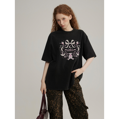 三十三 【Retro meisje】复古卡通印花落肩T恤女2025秋季宽松短袖