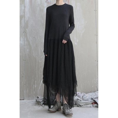 圆领拼接层次纱连衣裙单扣