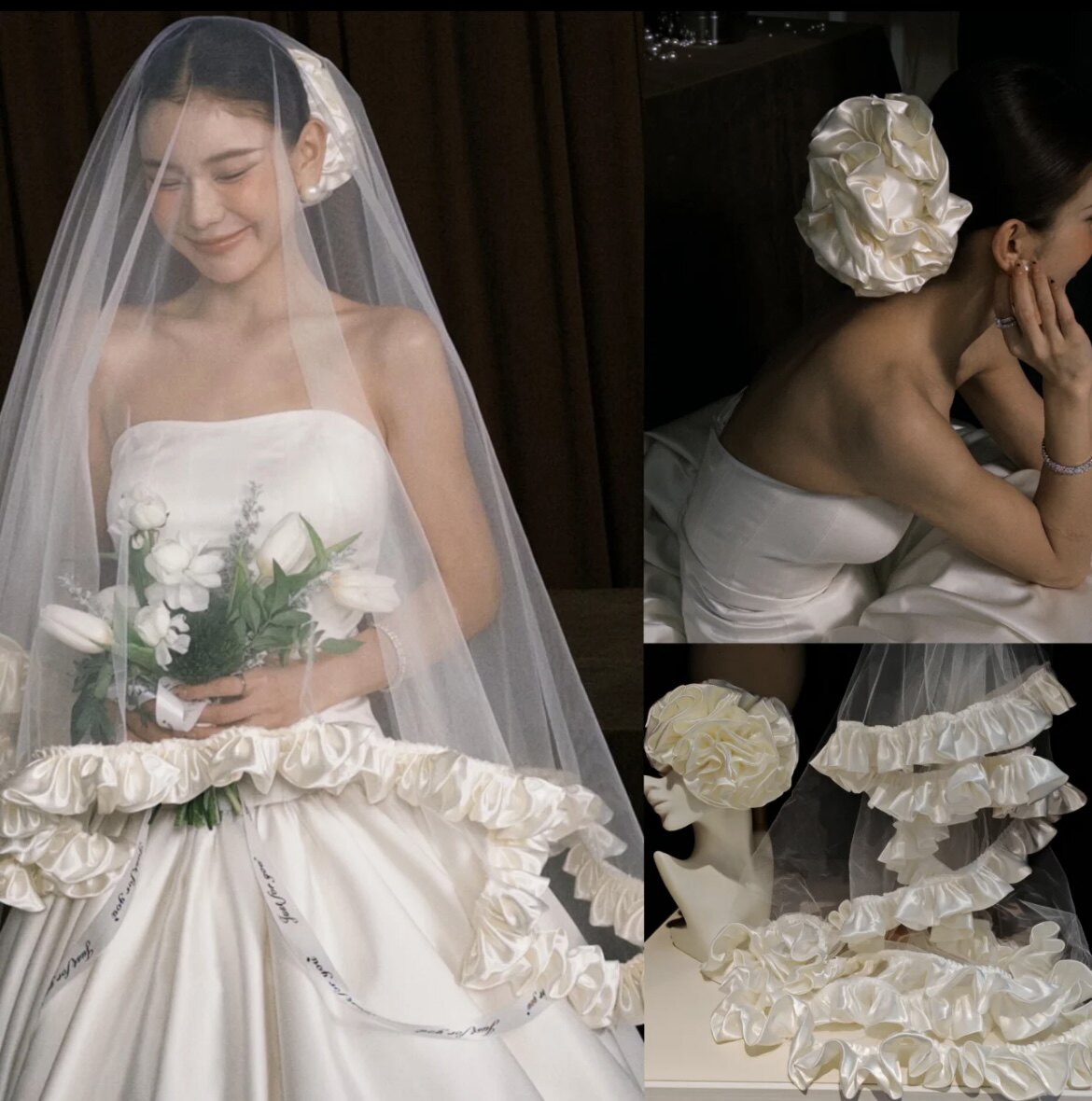 温柔法式婚礼造型缎面木耳边单层礼服头纱发饰发圈头纱套装氛围感