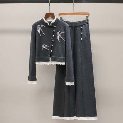 深圳南油高端女装春季新款燕子钉珠斜门襟针织开衫+宽松长裤套装