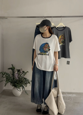 1089夏季新款韩版气质百搭宽松大版显瘦简约卡通印花短袖T恤上衣