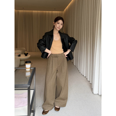ICCIICC 松弛感阔腿弯刀裤女秋季韩系呢料后松紧腰休闲裤新款2721