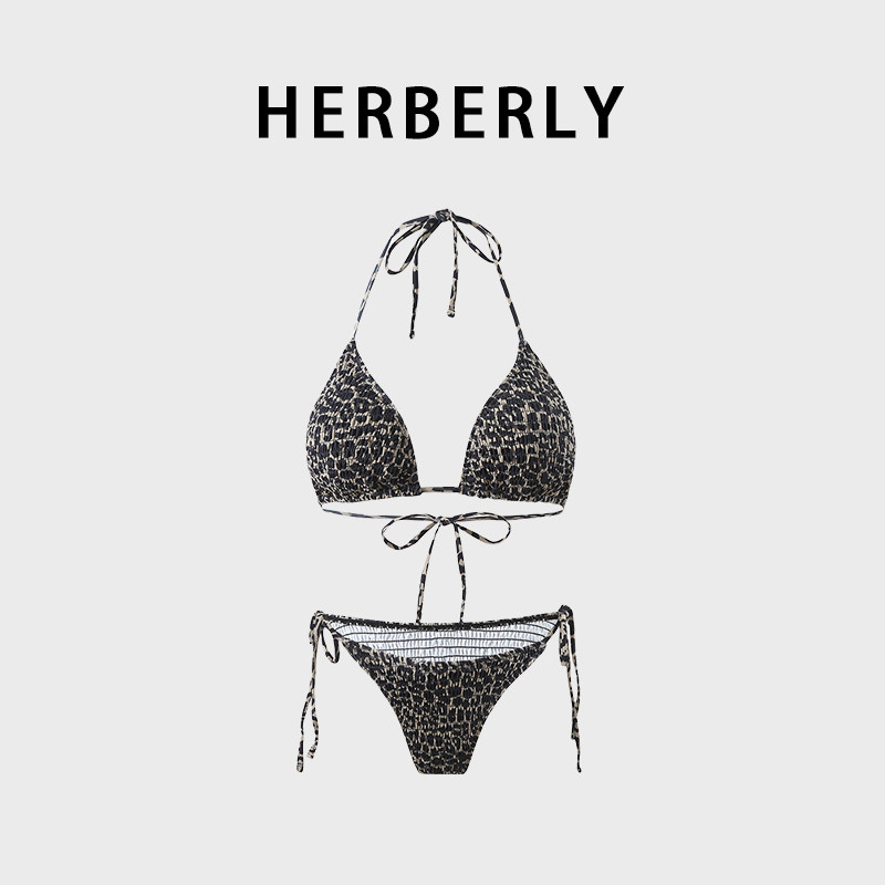 HERBERRY泳装辣妹豹纹性感显瘦三点式比基尼沙滩温泉度假分体泳衣