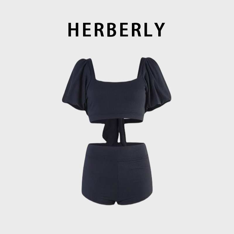 HERBERRY泳装沙滩度假情侣泳衣平角遮肚显瘦温泉分体泳衣三件套