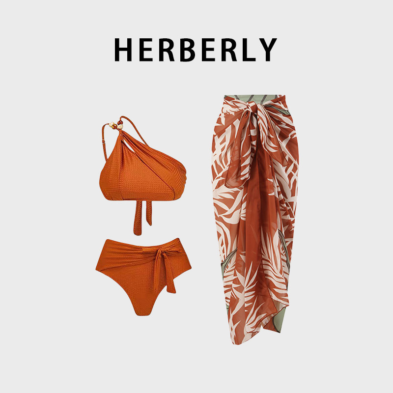 HERBERRY泳装女法式复古单肩性感比基尼套装温泉度假裙式分体泳衣