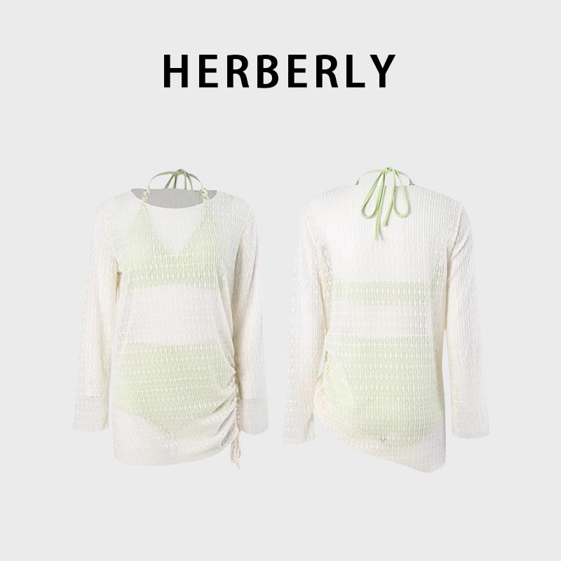 HERBERRY泳装女高级感长袖罩衫性感比基尼三件套纯欲风分体泳衣