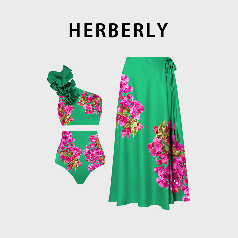 HERBERRY泳装女单肩性感高腰印花比基尼套装温泉度假裙式分体泳衣