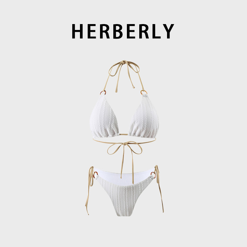 HERBERRY泳装高级感纯色性感绑带分体泳衣海边沙滩温泉度假比基尼