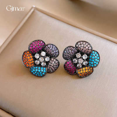 红楼银针复古宫廷风彩色锆石耳钉