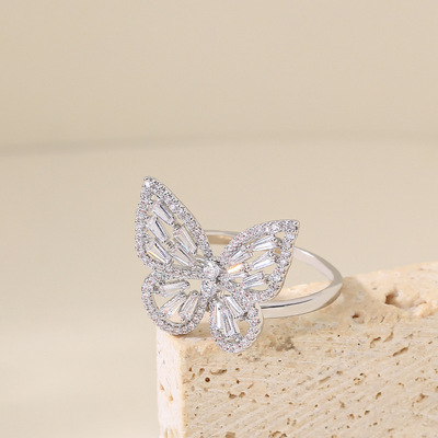 甜美闪钻锆石蝴蝶戒指开口可调节