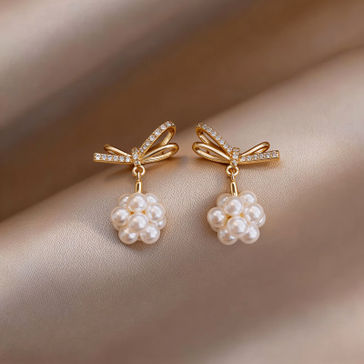 法式时尚锆石蝴蝶结花簇珍珠耳环