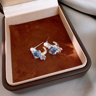 韩系精致锆石方形c形珍珠耳环