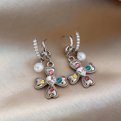 欧美锆石镶钻爱心十字架珍珠耳环