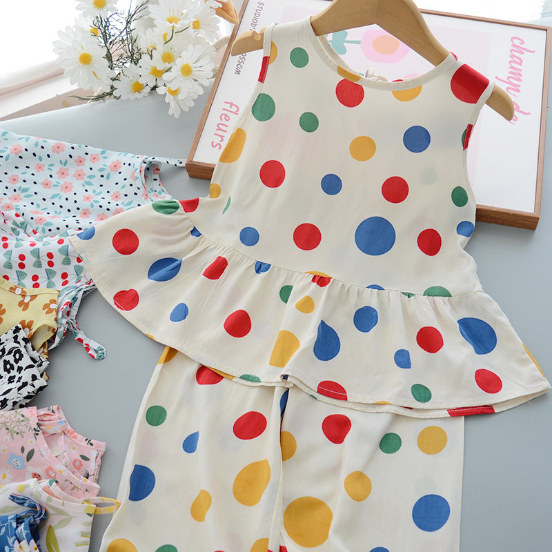 女童绵绸套装儿童人造棉阔腿裤背心两件套宝宝柔软薄家居服夏睡衣_虎窝淘