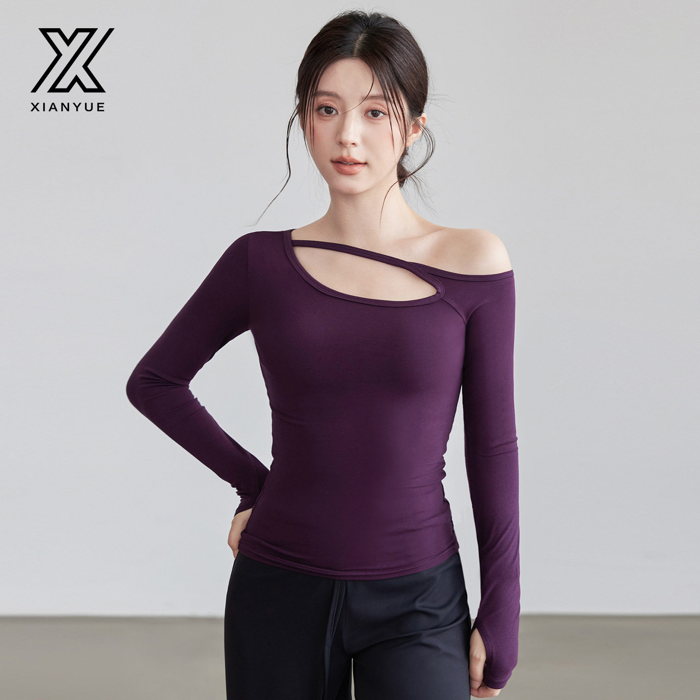 新款瑜伽服女镂空长袖T恤秋季斜领内搭露肩上衣显瘦连体运动套装