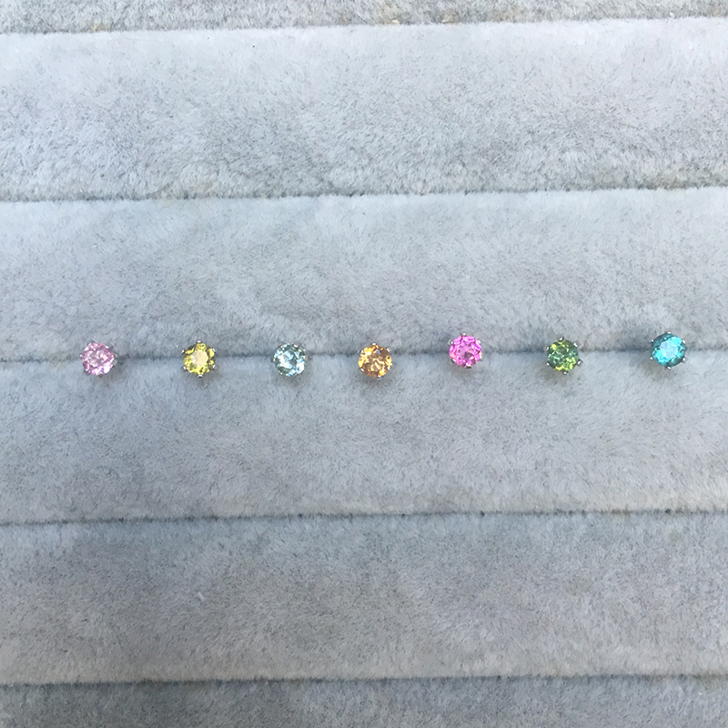 天然彩虹碧玺 3MM迷你S925纯银镀白金七彩套装耳钉耳骨钉_虎窝淘