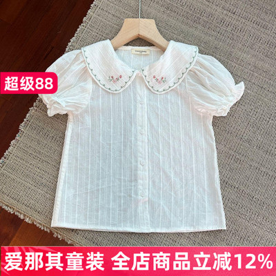 女童短袖衬衫女孩白色上衣大童