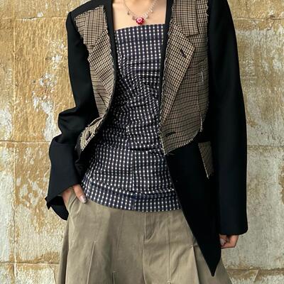 棕色拼接西装外套犬牙秋冬