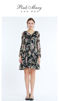 粉红玛琍春夏钉钻桑蚕丝连衣裙