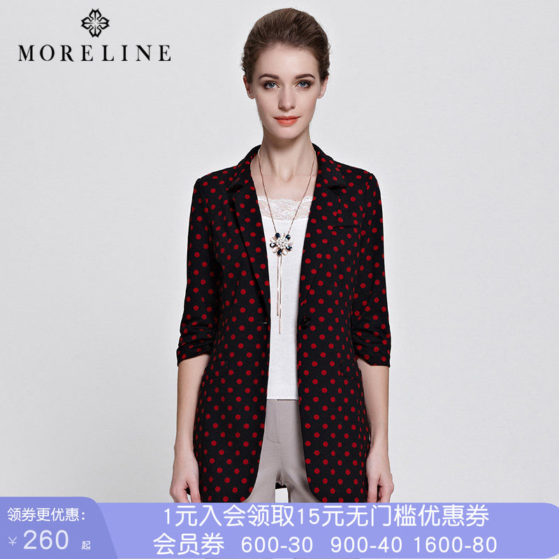 MORELINE沐兰秋季翻领长袖修身时尚波点收腰印花外套女