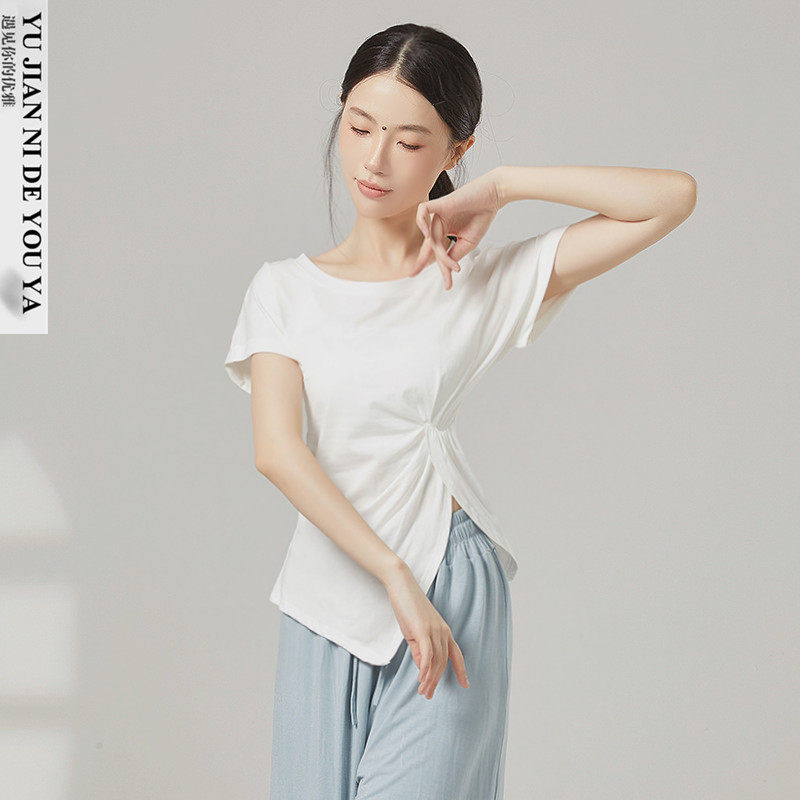 白色纯棉不规则夏季短袖现代舞服中国舞古典舞蹈服装练功服上衣女