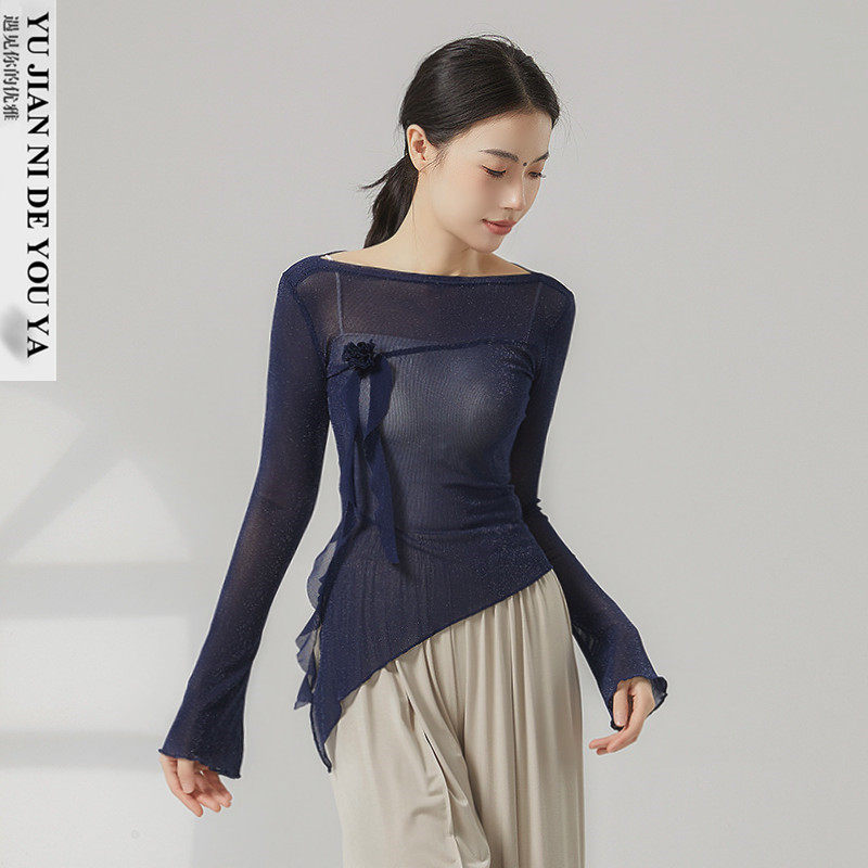 一字领长袖银线网纱衣现代舞服中国舞古典舞蹈服成人练功服上衣女