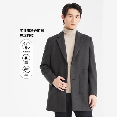 保暖中长款两粒扣平驳领呢子大衣