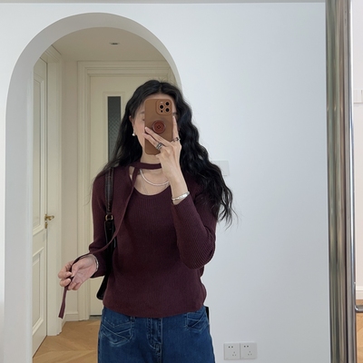 春装新款 法式优雅系带圆领纯色长袖针织衫 0.21KG