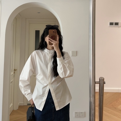 秋装新款 法式文艺宽松收腰立领长袖衬衫纯色白色衬衣 0.26KG