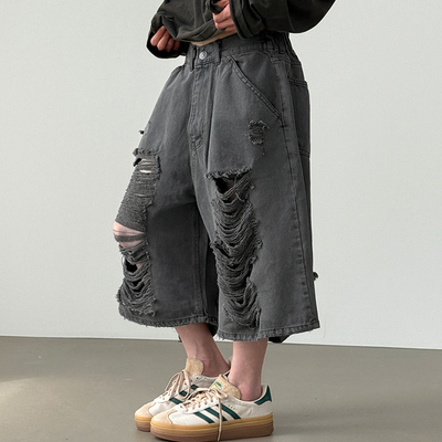 damage denim bermuda banding pants (unisex)