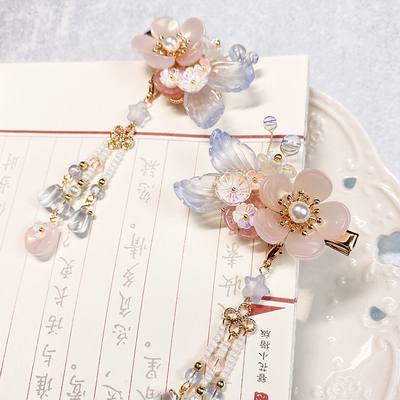 原创汉服配饰清新粉花蓝叶流苏少女儿童对夹日常古风