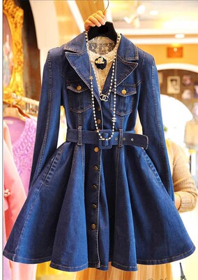 春秋女装新品中长款收腰显瘦大摆a字裙西装领大码长袖牛仔连衣裙