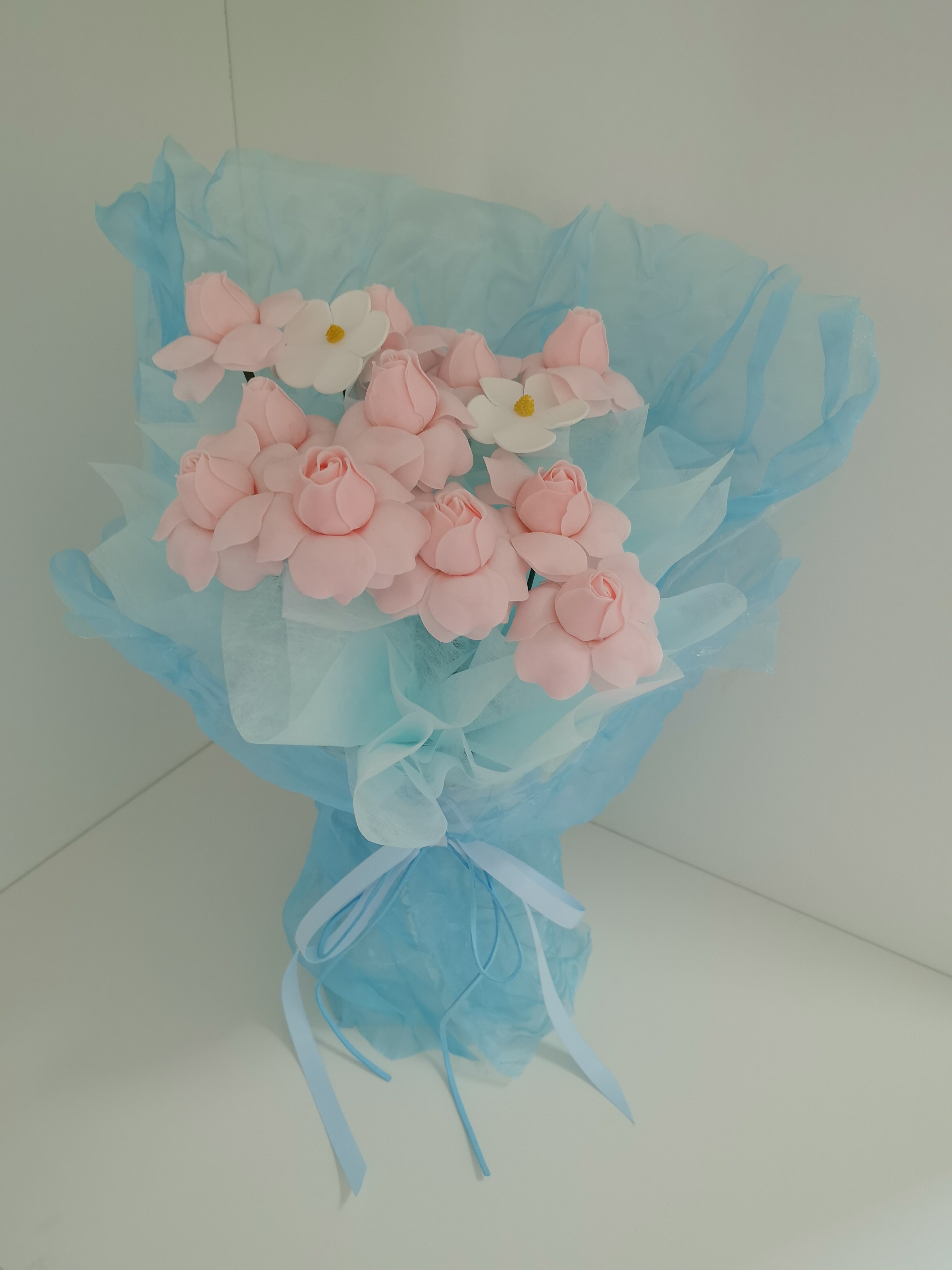 香皂花仙子之吻成品玫瑰花束蓝粉色系纱仿真花七夕生日礼物
