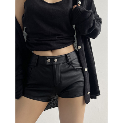 AcupStudio江右上 美式休闲银扣皮短裤时尚简约修身百搭直筒短裤