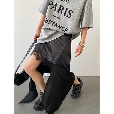 AcupStudio江右上 高腰蕾丝拼接半身裙女夏季设计感长款开叉裙子