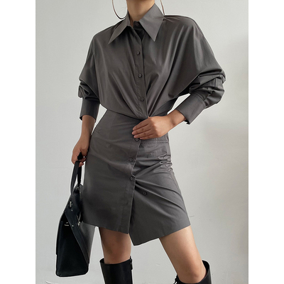 AcupStudio江右上不规则气质收腰衬衫连衣裙女秋季设计感包臀裙子