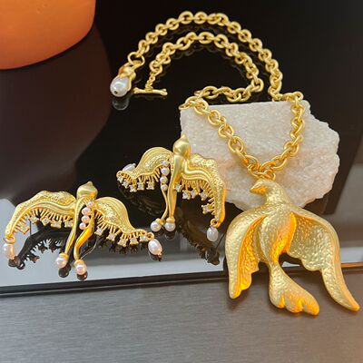schiaparelli 18K镀真金欧美个性珍珠燕子设计高级感轻奢首饰套装