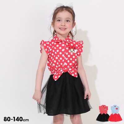 蝴蝶结米妮拼接翻领微袖连衣裙