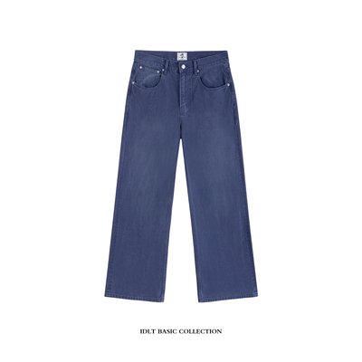 IDLT 12.5oz 高品质法工蓝成衣染色水洗微喇宽松A字形牛仔裤2021M