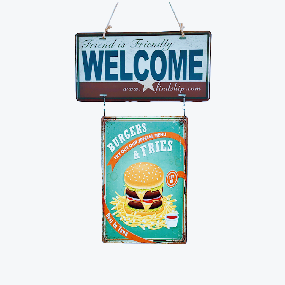 汉堡店热狗店装饰门牌 Welcome北欧挂牌创意铁质欢迎光临牌营业牌